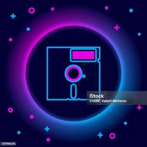 검은 색 배경에 격리 된 525 인치 아이콘에 빛나는 네온 라인 플로피 디스크 컴퓨터 데이터 저장을 위한 플로피 디스크입니다