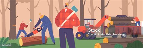 벌목꾼 팀은 정밀하게 나무를 준비합니다 날카로운 도끼 강력한 전기톱 일러스트레이션을 사용하는 남성 캐릭터 군사적 침략에 대한