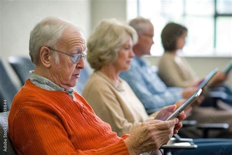 Seniors In A Classroom Setting Each Holding A Tablet And Learning To