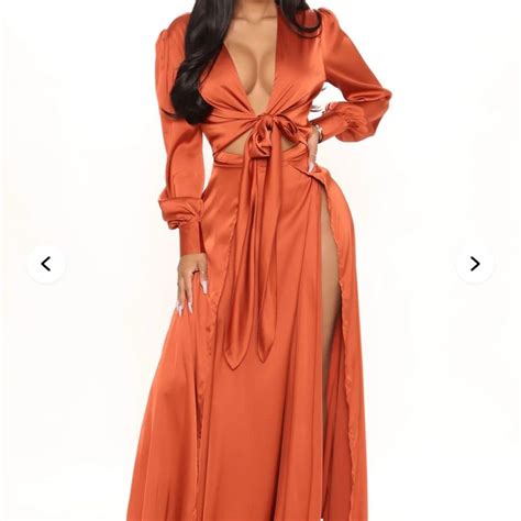 Fashion Nova Dresses Burnt Orange Satin Maxi Dress Deep V High Slit