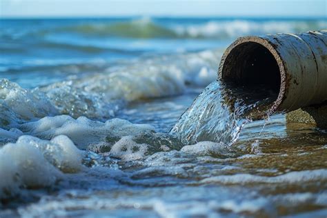 A Rusty Drain Pipe Discharges Murky Water Onto A Sandy Beach Merging