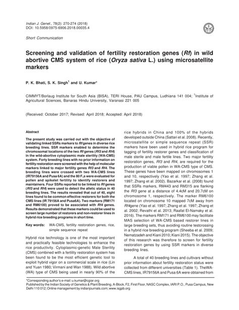 Pdf Screening And Validation Of Fertility Restoration Genes Rf In