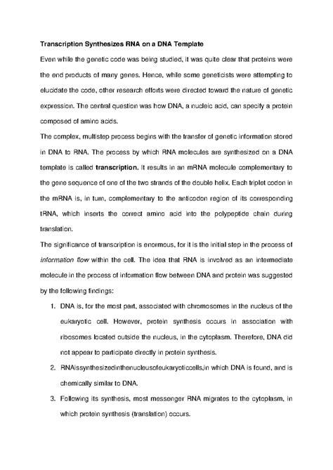 Transcription Synthesizes Rna On A Dna Template Hence While Some Geneticists Were Attempting