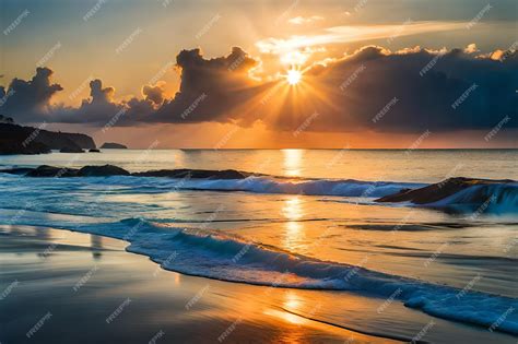 Premium Photo A Sunset Over The Ocean With A Beach Scene And Clouds