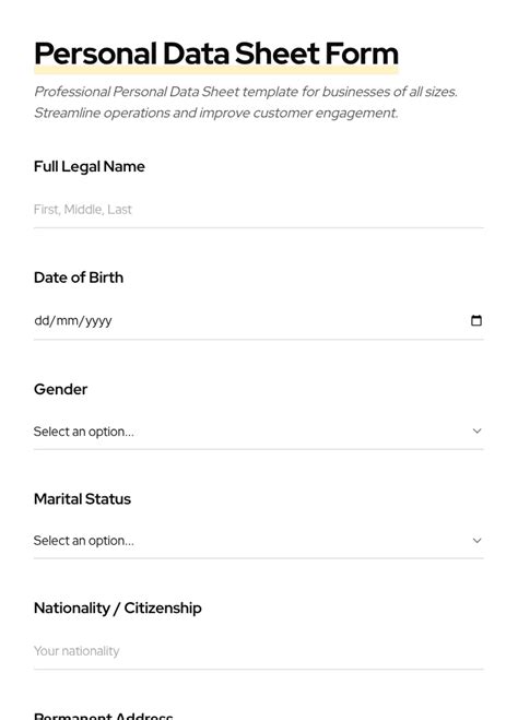 Personal Data Sheet Form Template Free Form81