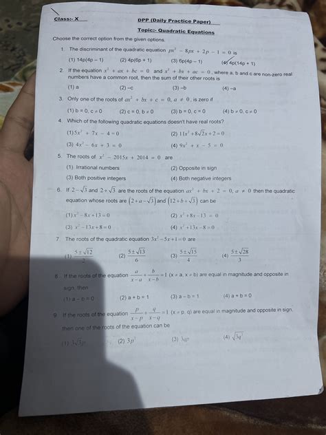 Class X Dpp Daily Practice Paper Topic Quadratic Equations Choose T