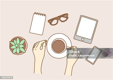 벡터 그림 커피를 마시는 여자 티 커피 브레이크 컵 머그잔 카페에서 테이블의 상단 보기 컴퓨터에 대한 스톡 벡터 아트 및 기타