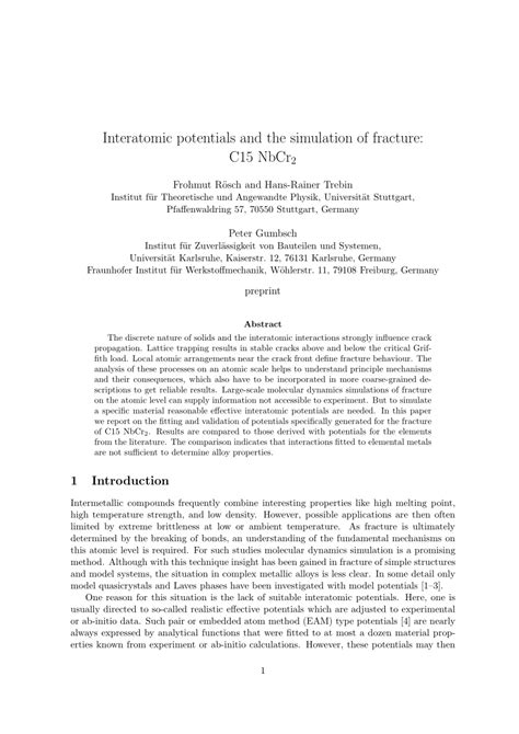 Pdf Interatomic Potentials And The Simulation Of Fracture C15 Nbcr2