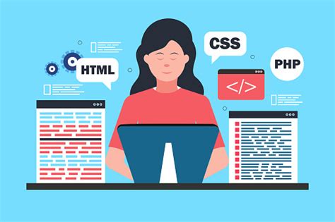 웹 개발 평면 디자인 일러스트레이션 랩톱과 컴퓨터 화면이 있는 크리에이티브 배너는 앱 코딩 및 프로그래밍을 보여 주었습니다 Php 프로그래밍 언어에 대한 스톡 벡터 아트 및