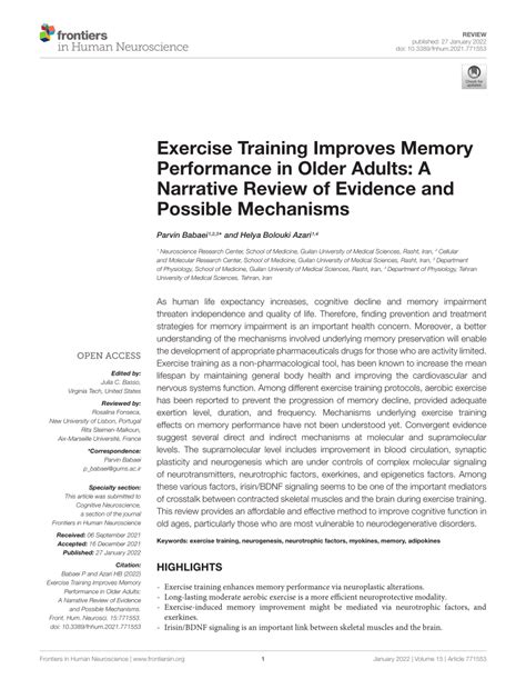 Pdf Exercise Training Improves Memory Performance In Older Adults A Narrative Review Of