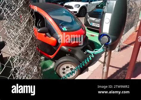Monte Carlo Monaco April 21 2018 Mini French Renault Twizy Electric Car Charging On Street