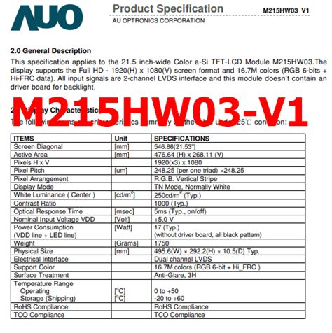 M215HW03-V1 PDF Datasheet - 21.5 Inch, TFT LCD Module
