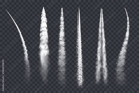 Vetor de Plane smoke trail, air jet clouds, vector contrail realistic 3d airplane or rocket ...