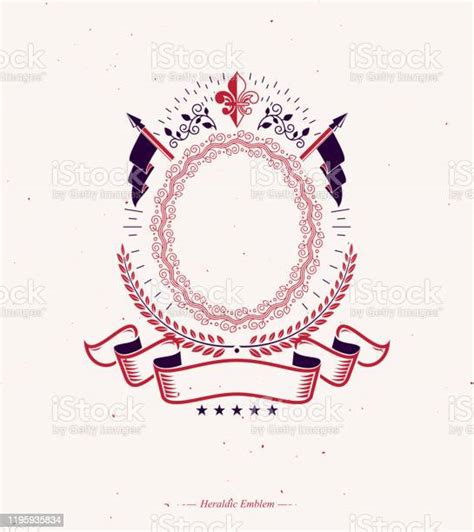 로얄 상징 릴리 꽃 월계수 화환과 플래그로 구성된 그래픽 엠블럼 헤럴드 벡터 디자인 요소입니다 복고풍 스타일 라벨 헤럴드 로고