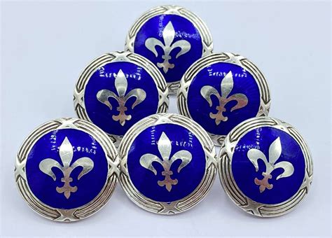 Antique French Silver Tested And Guilloché Enamel Fleur De Lis Buttons