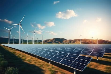 Premium Photo Solar Panel And Wind Turbines Generative Ai