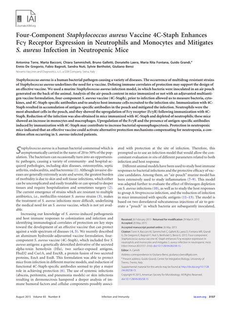 Pdf Four Component Staphylococcus Aureus Vaccine 4c Staph Enhances Fcγ Receptor Expression In