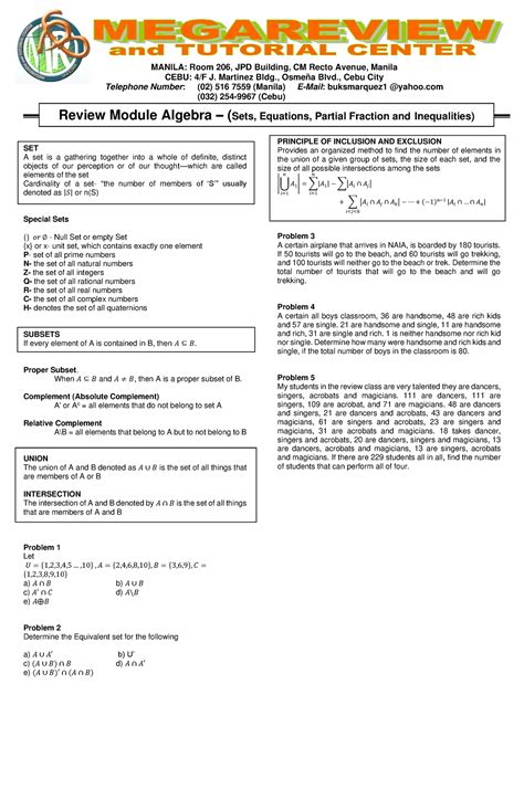 Review Module 01 Algebra Part 1 Review Module Algebra Sets Equations Partial Fraction