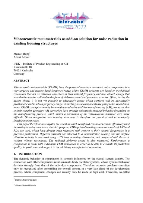 Pdf Vibroacoustic Metamaterials As Add On Solution For Noise Reduction In Existing Housing