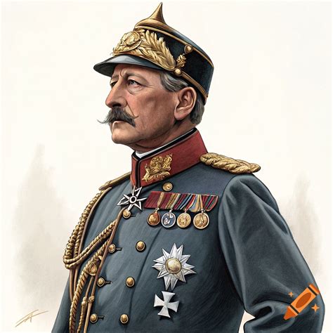Illustration Of Kaiser Wilhelm Ii In A German Military Uniform With A Spiked Helmet And Medals