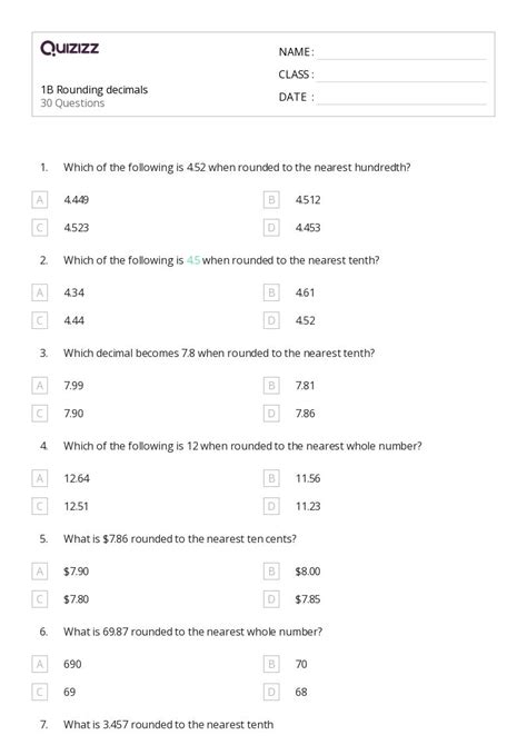 50 Rounding Decimals Worksheets For 8th Class On Quizizz Free
