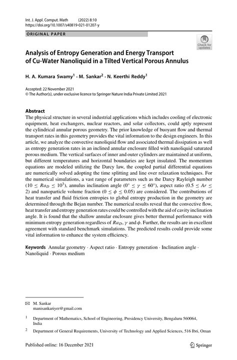Pdf Analysis Of Entropy Generation And Energy Transport Of Cu Water Nanoliquid In A Tilted