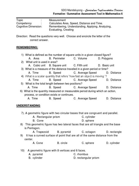 Summative Assessment Tools In Mathematics 6 Measurement Pdf Area
