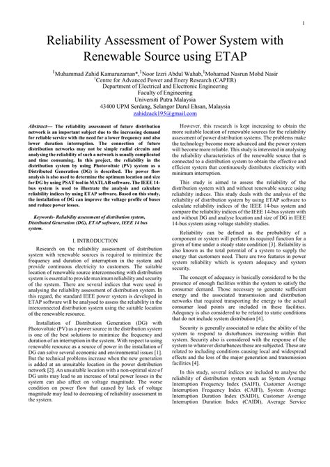 Pdf Reliability Assessment Of Power System With Renewable Source Using Etap