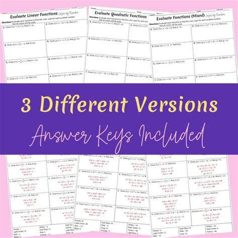 Evaluating Functions Color By Number Linear Quadratic Absolute Value Exponential
