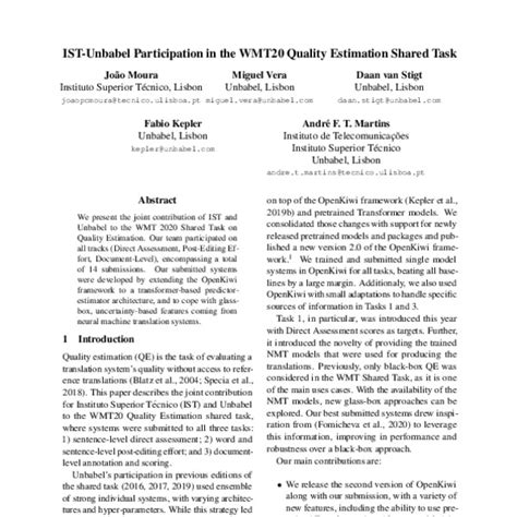 Ist Unbabel Participation In The Wmt20 Quality Estimation Shared Task