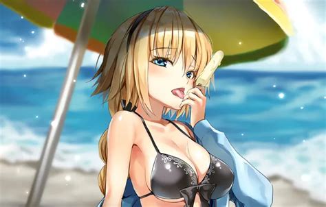 Wallpaper Girl Sexy Cleavage Beach Long Hair Sea Boobs Anime For