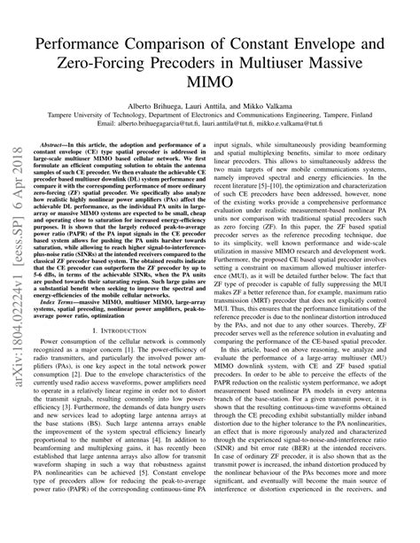 Pdf Performance Comparison Of Constant Envelope And Zero Forcing Precoders In Multiuser