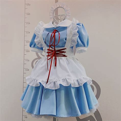 アリス風 メイド服 水色コスプレ衣装アリス風メイド服 丸襟 白エプロン 赤紐 ブルーワンピース「 メイド服 可愛い」通販安い