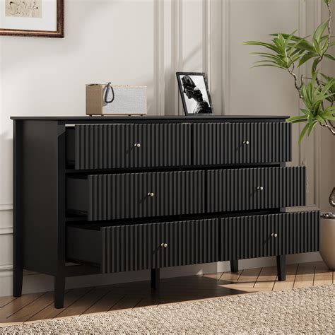 Black Dresser Fluted 6 Drawer Dresser Wide Modern Chest Of Drawers