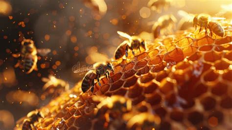 Ai Generated Close Up Of Bees Making Honey On A Honeycomb In Warm Sunlight Highlighting The