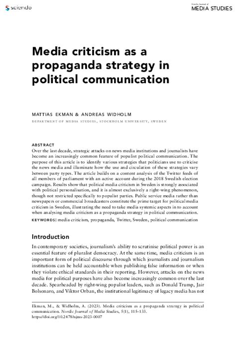 Pdf Media Criticism As A Propaganda Strategy In Political Communication