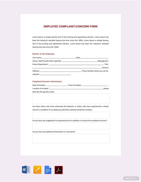Hr Employee Complaint Concern Form Template In Word Pages Pdf