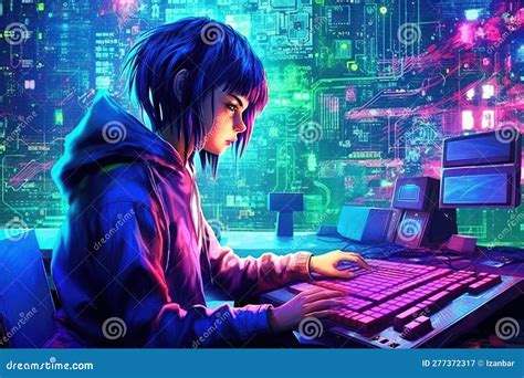 Cyberpunk Hacker In A Futuristic City Surrounded By Holographic