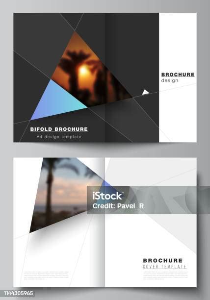 이중 브로셔 잡지 전단지 보고서에 대 한 두 개의 A4 형식 현대 커버 모의 광고 디자인 서식 파일의 벡터 레이아웃 파란색 삼각형 및 삼각형 모양의 창조적 인 배경입니다