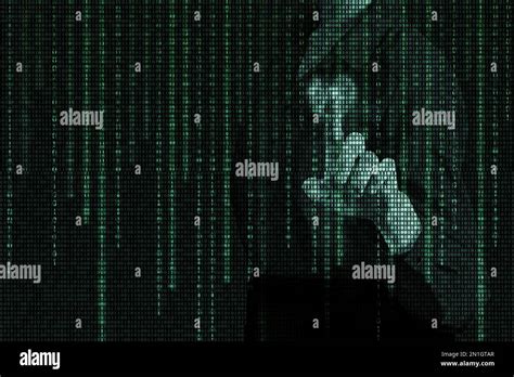 A Hand Pressing A Virtual Button With A Matrix Binary Digital Code A