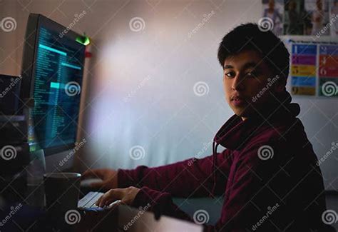 Night Portrait And Man With Computer For Coding Systems Or Designing