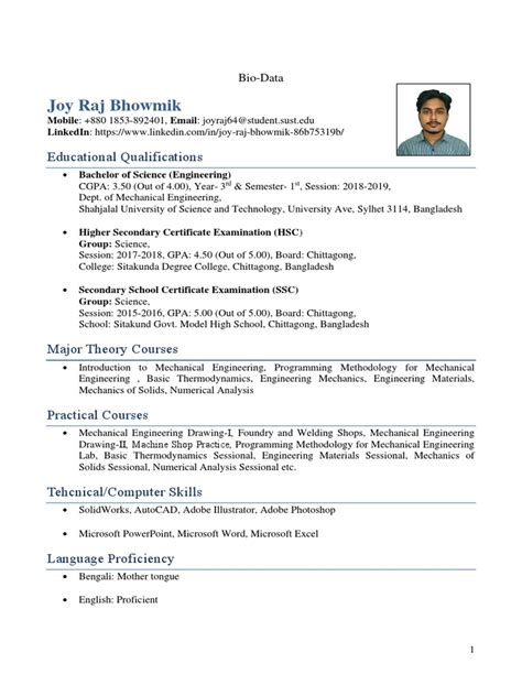 Bio Data Of Joy Raj Bhowmik Pdf