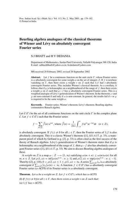 Pdf Beurling Algebra Analogues Of The Classical Theorems Of Wiener