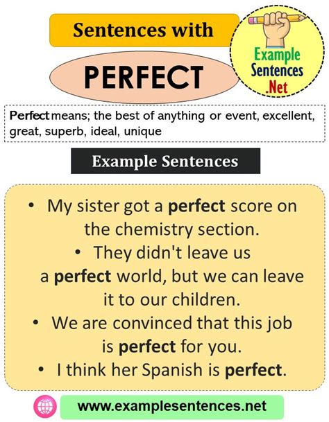 A Poster With The Words Perfect And Example Sentences In Different Languages Including An Image Of