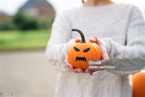 할로윈 호박 야외에서 무서운 얼굴로 장식용 미니 잭 오 랜턴을 들고 있는 귀여운 소녀 본격적인 가을 농장 정원의 뒤뜰에서 축하합니다 수제 휴일 장식 10 11세에 대한 스톡