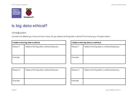 A2 Worksheet Big Data Ethics Ks4 Computer Systems Learner Activity Sheet Is Big Data Ethical