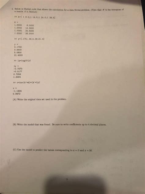 Solved 5 Below Is Matlab Code That Shows The Calculation