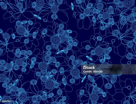 많은 꽃과 나비가 있는 파란색 배경 꽃은 크기와 모양이 다르고 나비는 이미지 전체에 흩어져 있습니다 A 라인에 대한 스톡 벡터 아트 및 기타 이미지 Istock