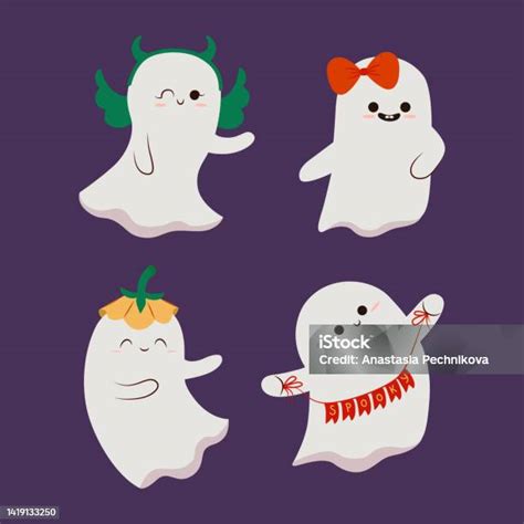 귀여운 재미있는 유령의 할로윈 세트 다른 감정 모자 및 얼굴 표정을 가진 아이들을위한 유치한 유령 캐릭터 0명에 대한 스톡 벡터