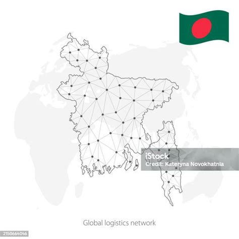 글로벌 물류 네트워크 개념 세계 배경에 방글라데시의 통신 네트워크지도 방글라데시지도 와 노드 와 와 다각형 스타일 와 깃발 벡터 일러스트 레이 션 Eps10 0명에 대한